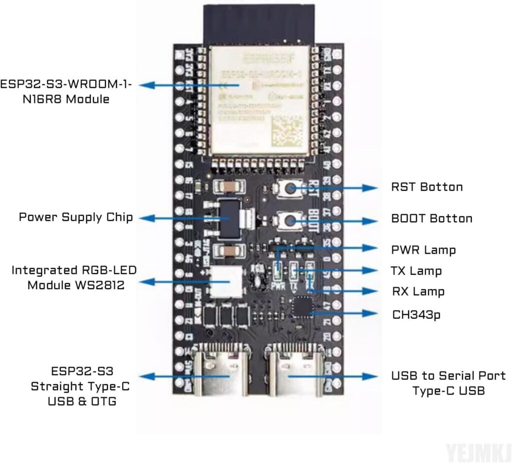 ESP32-S3 N16R8 WiFi Bluetooth BLE 5.0 RGB Udviklingsboard - Ardustore.dk